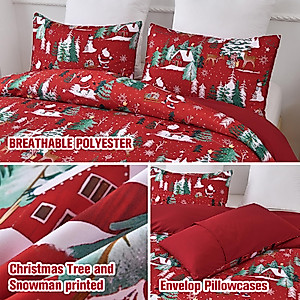 Dinjoy Christmas Red Duvet Cover Set King Size, 3 Piece Father Christmas Xmas Trees Snowman, Soft Microfiber King Duvet Cover Set for All Seasons