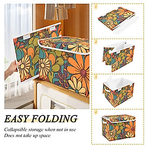 Vnurnrn Storage Bin with Lid Collapsible Hippie Florals Print, Large Capacity Foldable Storage Basket Cube for Clothes Toys 16.5×12.6×11.8 IN