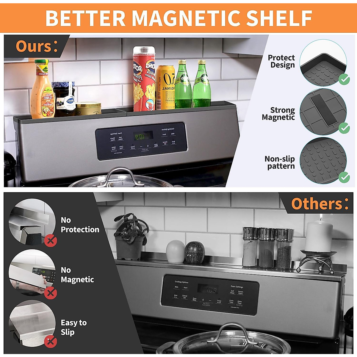 BFONS 30" Magnetic Stove Top Shelf Spice Rack Storage, Silicone Top Heat Material Stove Rack Shelf Flexible Seasoning Organizer Kitchen Shelves Gadgets with 2 Functional Prtitions for Kitchen （Grey）