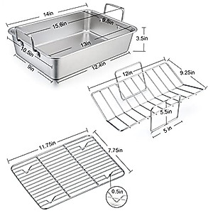 TeamFar Roasting Pan with Rack, 14 Inch Stainless Steel Turkey Roaster Lasagna Pan with V-Shaped Rack & Cooling Rack, Healthy & Durable, Brushed Surface & Dishwasher Safe, Rectangular - Set of 3