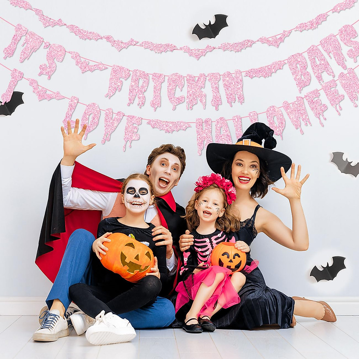 Pink Halloween Decorations It's Frickin Bats I Love Banner Halloween Bats Hanging Garland Bunting Halloween Fireplace Mantle Glitter Pink Bats for Pink Halloween Party Decorations
