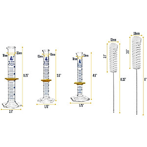 EISCO Graduated Cylinders & Cleaning Brushes - 5 Piece Set - ASTM, Class A - 5mL, 10mL, 25mL - Blue Graduations - 2 Nylon Bristle Brushes - Borosilicate 3.3 Glass