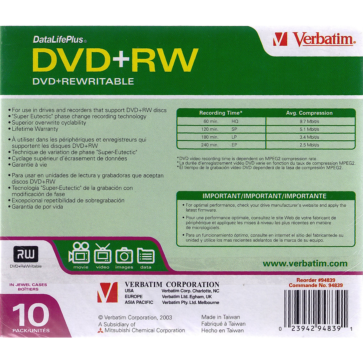 Verbatim VER94839 - DVD+RW 4.7GB 4X with Branded Surface - 10pk Jewel Case