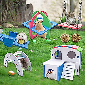Sfcddtlg 7PCS Rainbow Hamster Toys-Dwarf Hamsters House-Wooden Gerbil Hideout Bridge Swing and Seesaw for Small Animal Gerbil Hamster Hedgehog(7PCS)