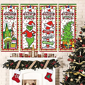 Grinch Christmas Decorations 4PCS Welcome To Whoville Vinyl Poster Door Covers Backdrop Merry Grinchmas Wall Art Hanging Banner for New Year Indoor Outside Garage Door