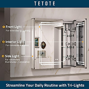 TETOTE Medicine Cabinet Bathroom LED Mirror 30x32 Inch 3 Colors Stepless Dimming Anti-Fog Memory Funtion Surface Recessed Wall Mounted Medicine Cabinets