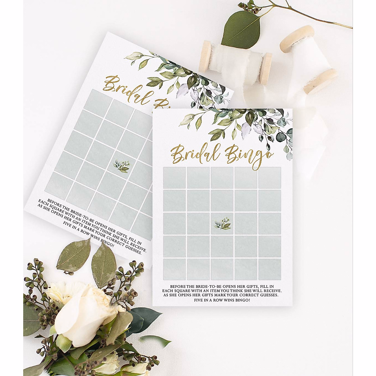 Printed Party Bridal Shower Games – Bingo Game with Blank Squares to Guess The Bride’s Gifts, Fun Wedding Shower Activity, Botanical Eucalyptus Theme, 50 Guests