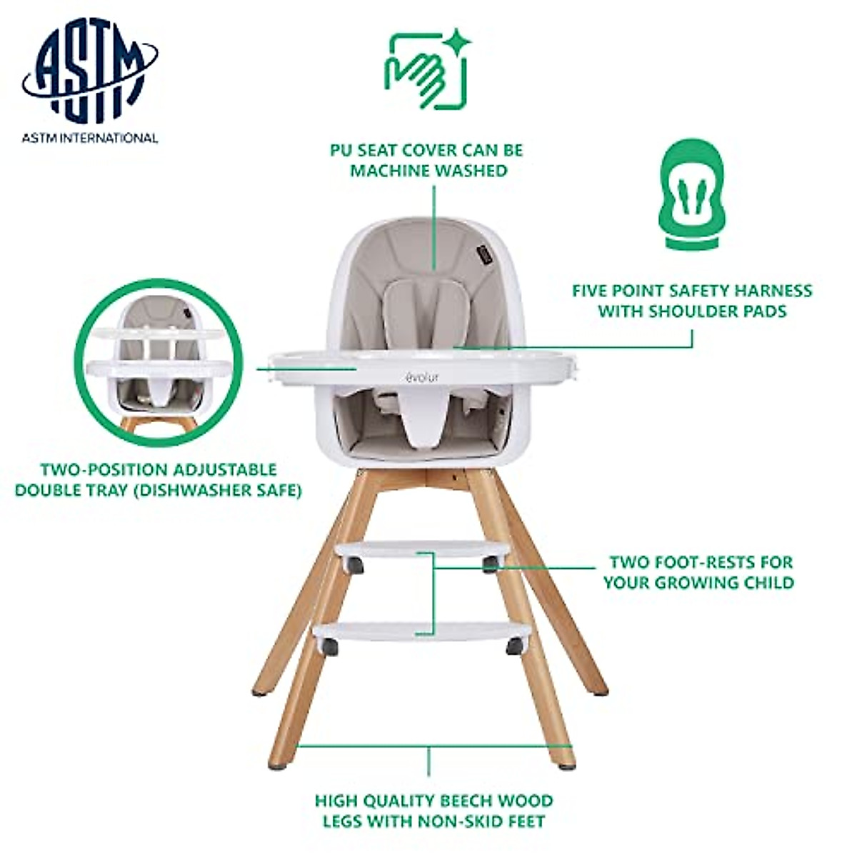 Evolur Zoodle 2 in 1 Baby High Chair in Light Grey, Easy to Clean, Adjustable and Removable Tray, Compact and Portable Convertible High Chair for Babies and Toddlers