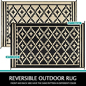 Capslpad Outdoor Rug 4'x6' Waterproof Plastic Straw Patio Rug Reversible Mat UV Resistant Outdoor Area Rug for Patio Backyard Terrace Deck Beach Picnic Balcony BBQ,Black and Beige