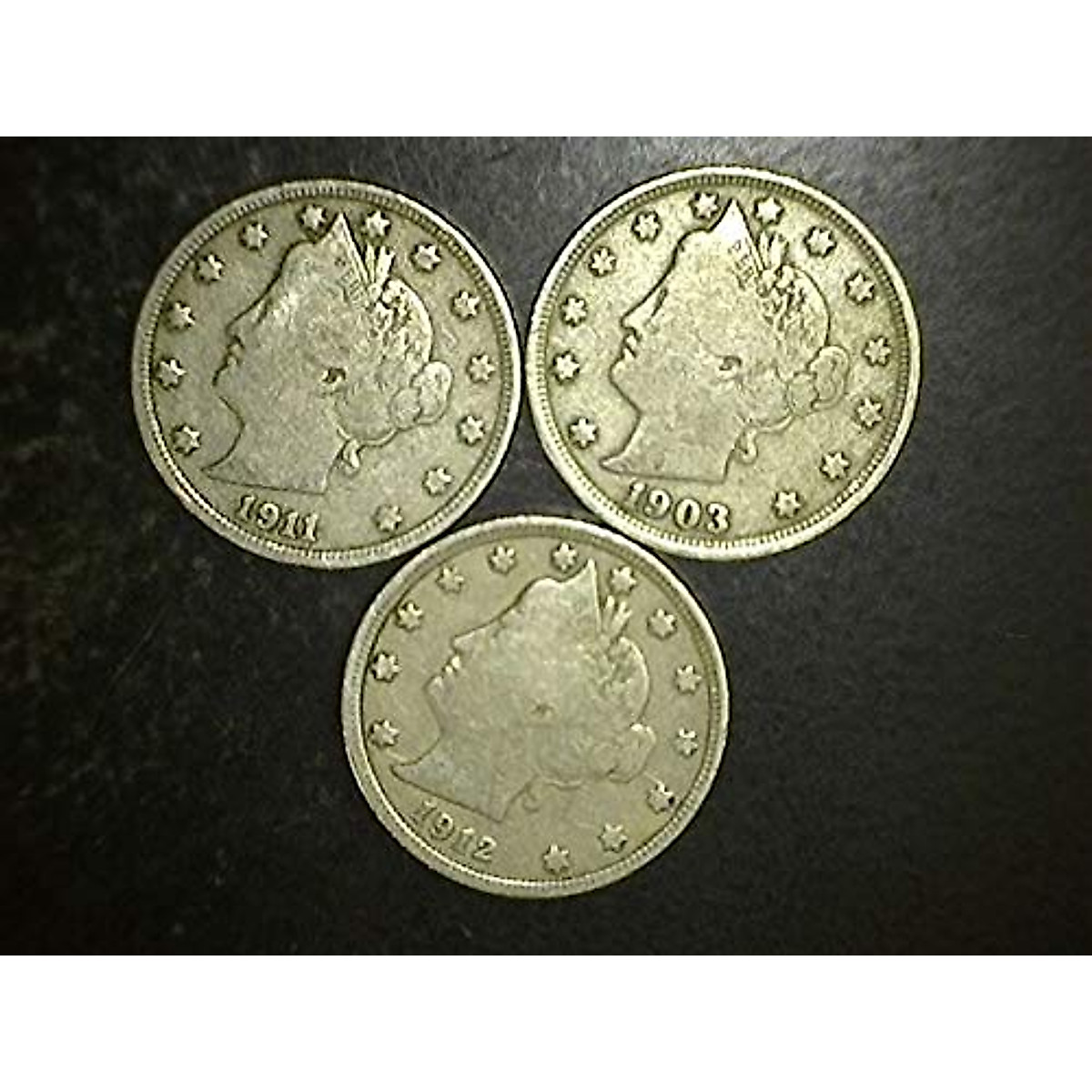 1883 No Mint Mark to 1912 5c US Liberty Head (Barber) Nickels - Set of 3 Coins - All FULL LIBERTY - 3 Different Dates Fine and Better