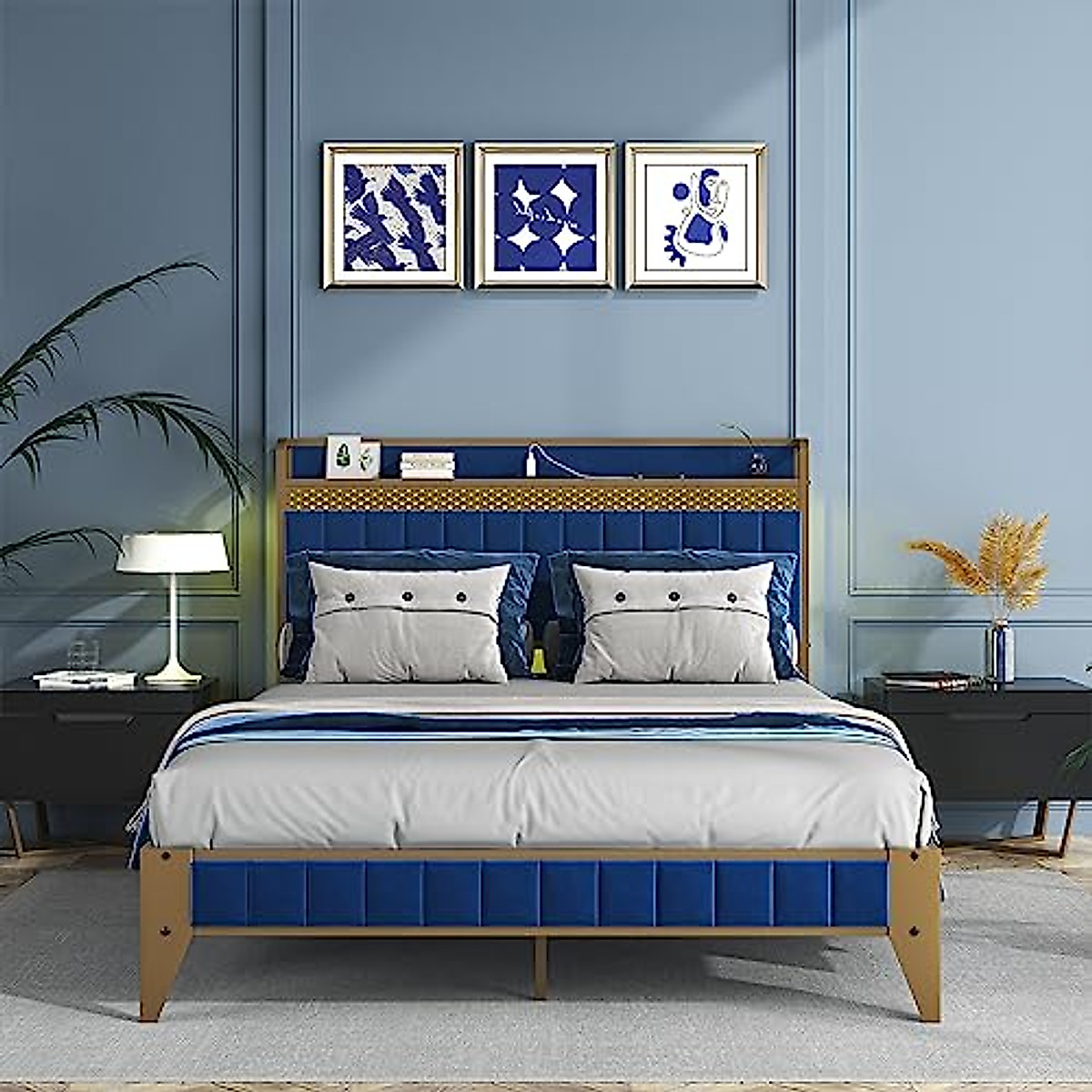 Saudism LED Bed Frame with Charging Station, Queen Size Bed Frame with Headboard Storage, Sturdy and Durable, No Box Spring Needed, Gold+Navy Blue