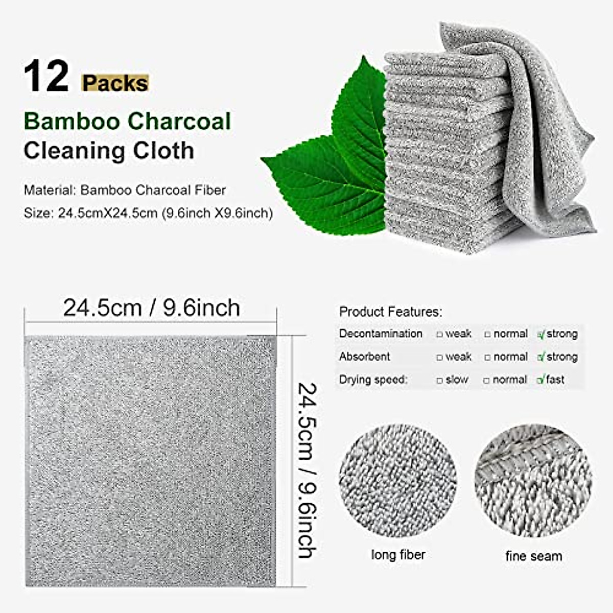 FGSAEOR Kitchen Dish Towels, Dish Cloths for Washing Dishes, Highly Absorbent Cleaning Cloth Thick and Fast Drying Tea Towels with Bamboo Charcoal Fiber, Nonstick Oil Washable Dish Rags (12 Pack)