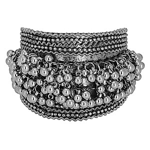 Eas Style Store German Silver Oxidized Hand Crafted Ghungroo Kadaa Bangle Open Bracelet Cuff for Women and Girls