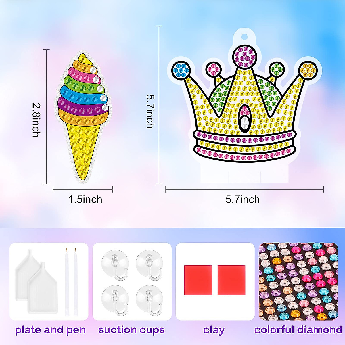 MEIEST Gem Diamond Painting Kits for Kids,24 PCS Fun DIY Mosaic Stickers by Numbers Kits,4 PCS Sparkly Suncatchers Creative Arts and Crafts Set and Handmade Gift(Sweets + Magical)