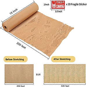 Honeycomb Packing Paper, 15"x200' Honeycomb Cushioning Bubble Wrap Paper Roll for Moving Shipping Breakables Packaging Gifts with 20 Fragile Sticker Biodegradable & Fully Recyclable Brown Kraft