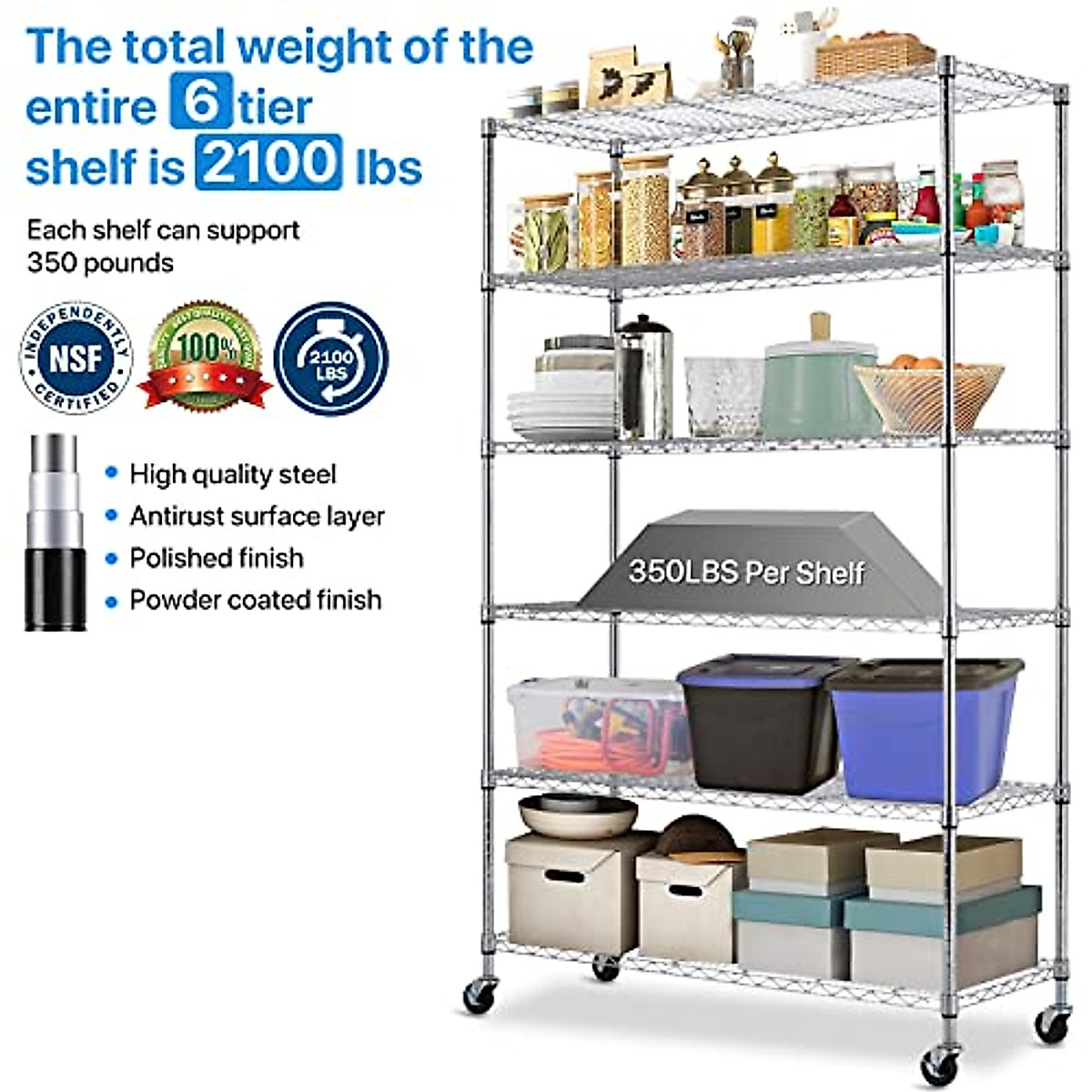 Wire Shelving Unit with Wheels, 6 Tier Adjustable Metal Shelving Heavy Duty Storage Shelves 2100 Lbs Capacity 48" L X 18" W X 82" H Metal Shelf for Pantry Kitchen Basement, Chrome
