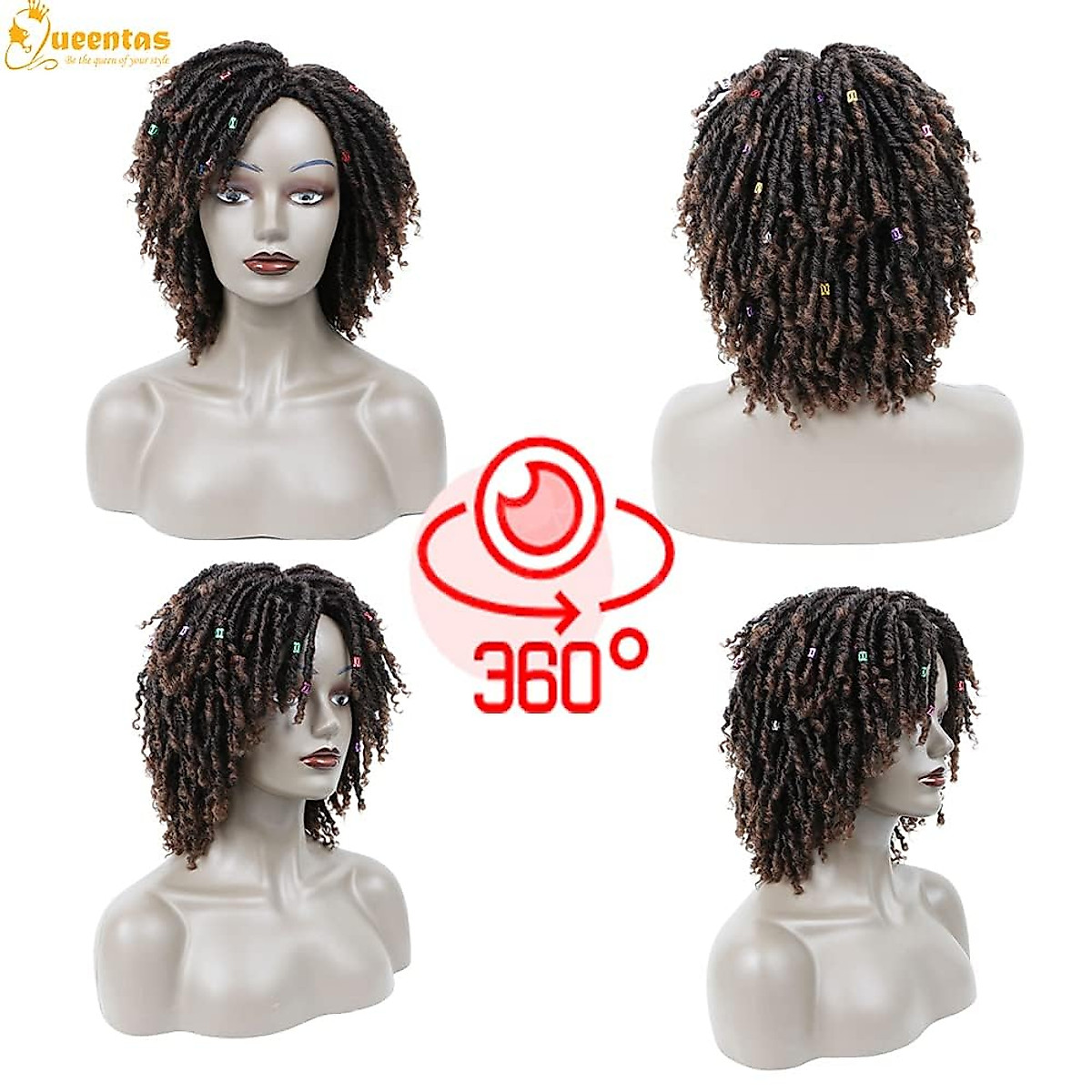 QUEENTAS Dreadlock Wigs for Black Women and Men Short Curly Big Afro Braided Wigs Faux Locs Twist Braiding Synthetic Wigs (Black to Brown)
