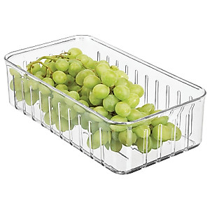 mDesign Plastic Food Container Cabinet Storage Organizer Shallow Bin w/ Open Vents for Kitchen, Pantry, Refrigerator Organization - Holds Fruit, Vegetables, Cheese - Ligne Collection - 2 Pack - Clear