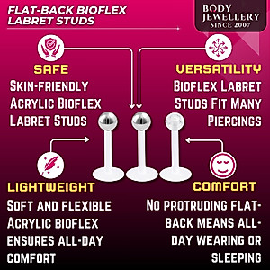 bodyjewellery 3pcs 16g Labret Studs Lip Ring Snakebite Monroe Bioflex Flexible Cartilage Conch Forward Helix Tragus Steel Ball Pick Size (3 Pcs(8mm))