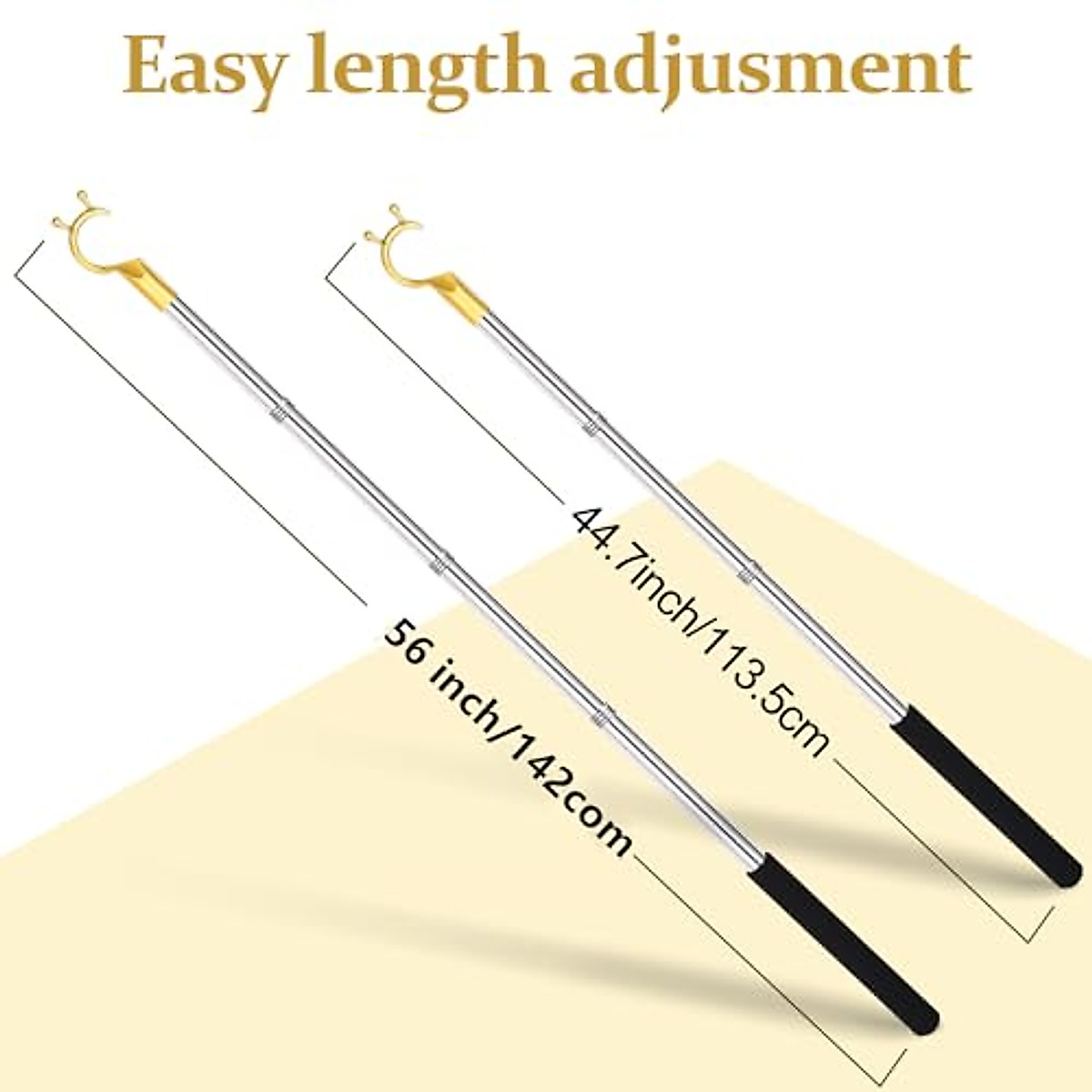 Clothes Hook Pole, Closet Hooks for Hanging Clothes,extends from 26 inches to 56 inches with hooks Long Rod, Closet Hook Rod Made of Stainless Steel,Comfortable Foam Handles and C-Head Designs