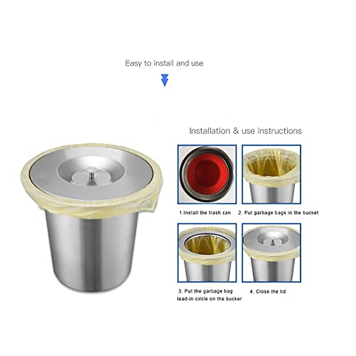 Kitchen Cabinet Countertop Built-in Stainless Steel Trash Can 8L Embedded Trash Bin Trash Chute with Lid