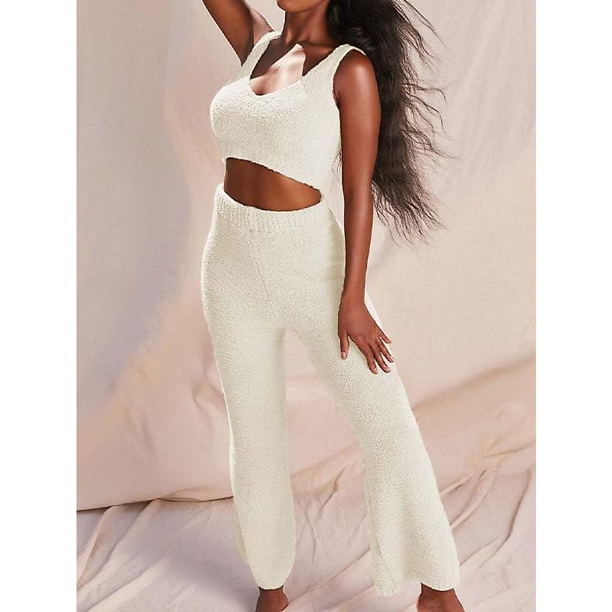 TOLENY Women Fuzzy 3 Piece Lounge Sets Open Front Cardigan Crop Top Wide Leg Pants Sweatsuit Outfits White XL