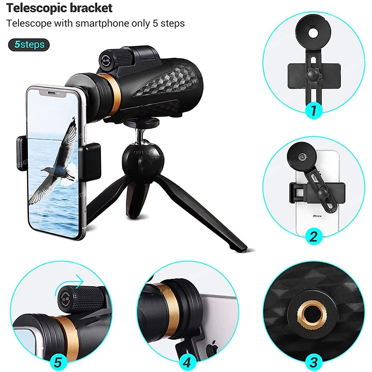 18x62 High Power BAK4 Prism FMC Lens Monocular Compact Life Waterproof Monocular with Smartphone Adapter and Tripod for Adult Bird Watching, Outdoor Hunting