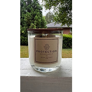 Evil Eye Protection Candle, Pink Quartz, Amethyst Infused, Lavender and Chamomile Scent, 10 oz Glass Jar with Hamsa Hand Positive Energy Beeswax and Soy Wax