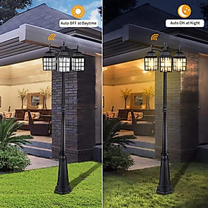 3-Head Outdoor Lamp Post Light Fixture, Dusk to Dawn Aluminum Post Lights Hard Wired, Sensor Pole Lights for Yard, Street Light Posts for outside with Water Ripple Glass Shade, E26 Base