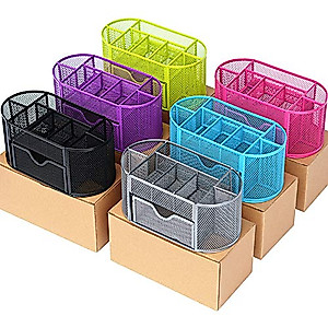 Black office accessories, desk pen holder, mesh desk organizer with 8 compartments and 1 drawer, student stationery creative desktop iron mesh combination organizer, suitable for office home school classrooms (red)