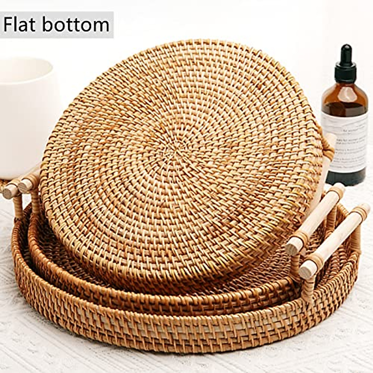 Dicunoy 3 Pack Rattan Basket Tray, Round Wicker Serving Baskets with Handles for Bread, Coffee Table, Decorative Woven Serving Tray for Vegetable, Snack (10", 9", 8")