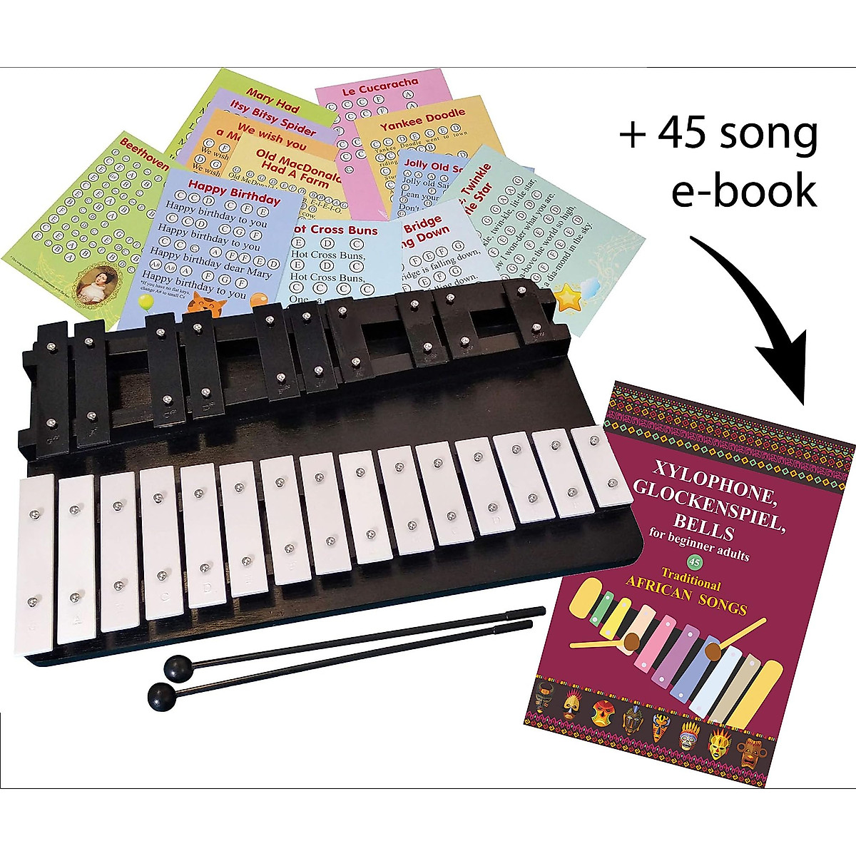 Large Xylophone 25 Notes Chromatic Glockenspiel, Bag, Sheet Music Cards, 45-song Ebook