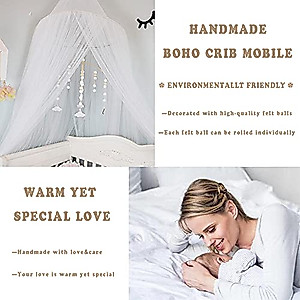 Boho Baby Mobile Neutral Baby Crib Mobile Nursery Cot Mobile Handmade Felt Ball Crib Mobile Pom Pom Mobile Ceiling Mobile Kids Room Nursery Decor（White-Clouds）
