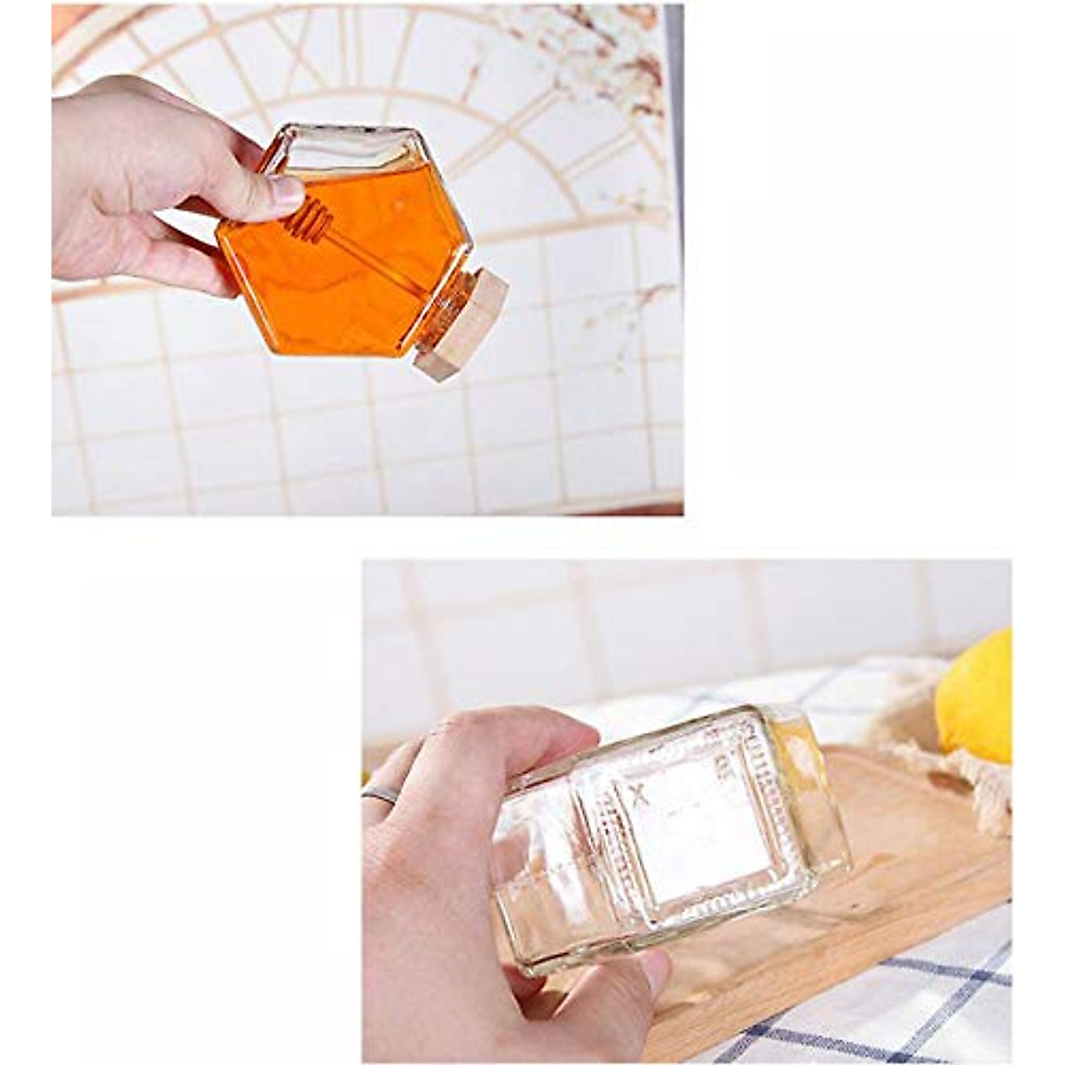 1PC 220ml Clear Glass Refillable Hexagon Shape Honey Pot Jar with Wooden Dipper Sticks and Lid Syrup Dispenser Container Empty Bottle Food Storage for Home Kitchen