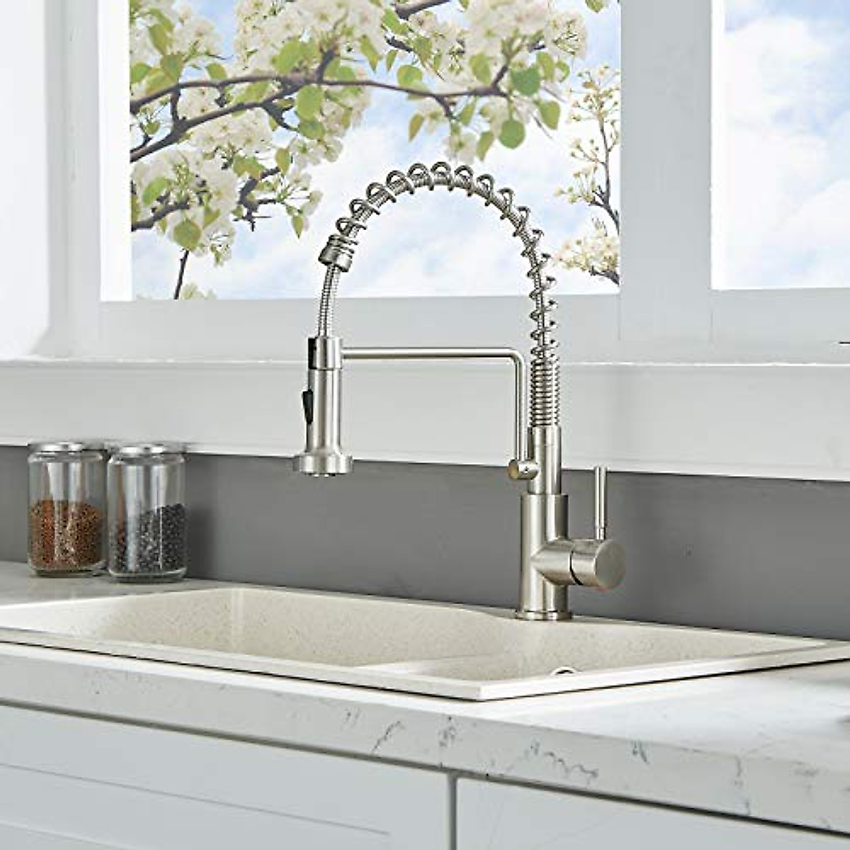 Friho Lead-Free Commercial Brushed Nickel Stainless Steel Single Handle Single Lever Pull Out Pull Down Sprayer Spring Bar Sink Kitchen Sink Faucet, Brushed Nickel Kitchen Faucets