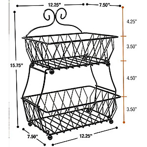 Sorbus Fruit Basket Display Stand, 2-Tier, for Vegetable, Fruit & Bread Counter Storage for Kitchen, Bathroom, Rectangular Antique Metal (Black)