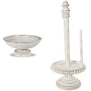 Mud Pie Beaded Wood Pedestal Bowl, White, 6" x 14" dia & 47100002 Farmhouse Washed Beaded Wood Pedestal Paper Towel Holder, 16" x 6" Dia, White, Grey