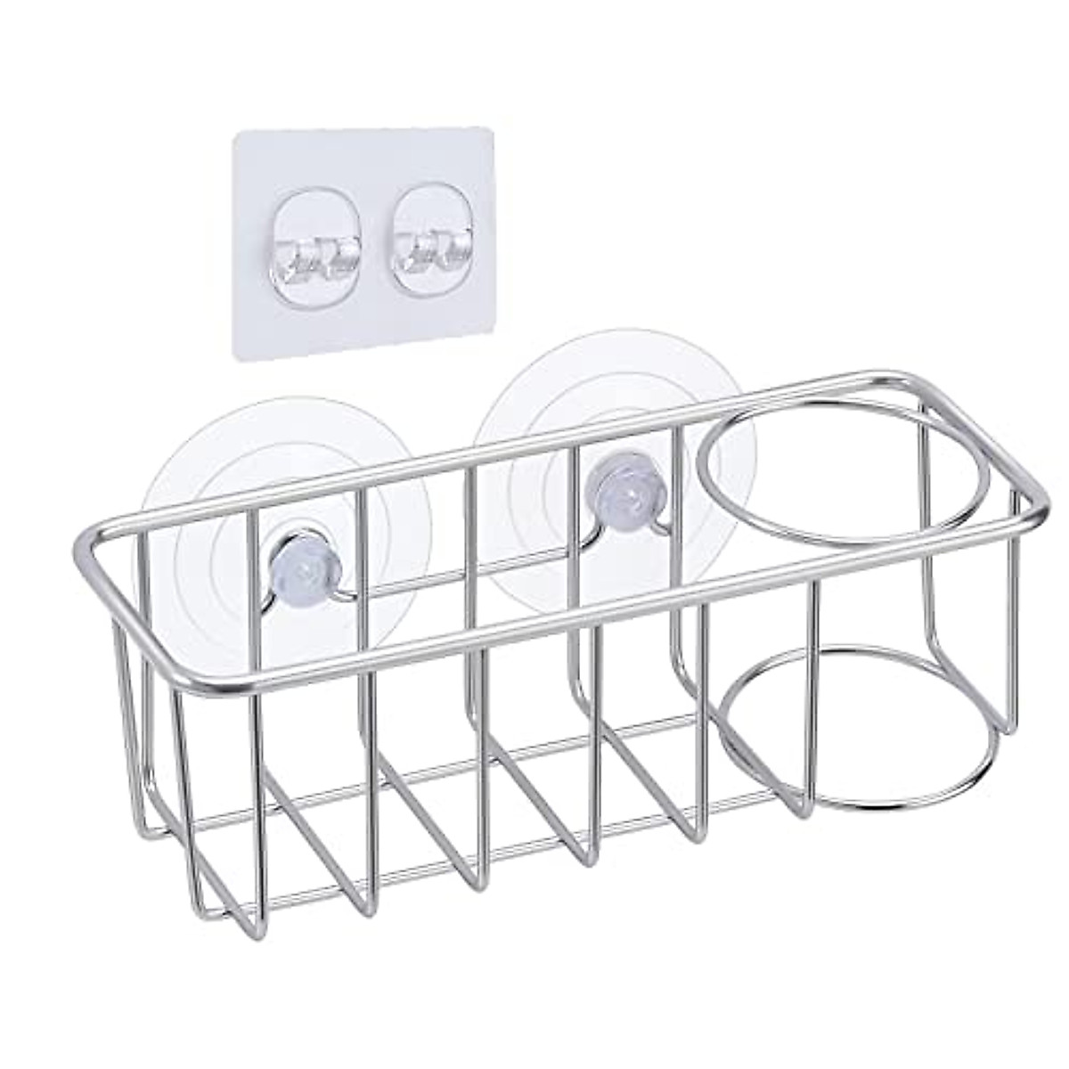 TESOT Sink Caddy Sponge Holder Brush Holder 2 in 1 with Upgraded Suction Cups or Using Adhesive Hooks, SUS304 Stainless Steel, Silver