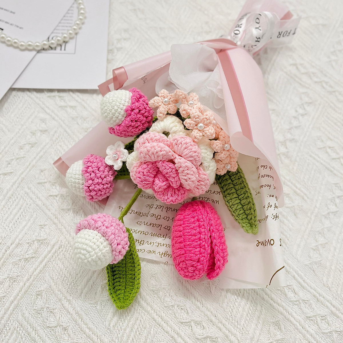 JOMODECOR Handmade Crochet Peony Lychee Bouquet, Knitted Mixed Artificial Forever Flowers with Exquisite Wrap, Gift to Girlfriend Mom Women, Perfect for Valentines, Home Decor, Celebration