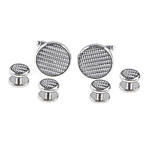 MRCUFF Carbon Fiber Grey Gray Silver Cufflinks and Studs Tuxedo Set in a Presentation Gift Box & Polishing Cloth