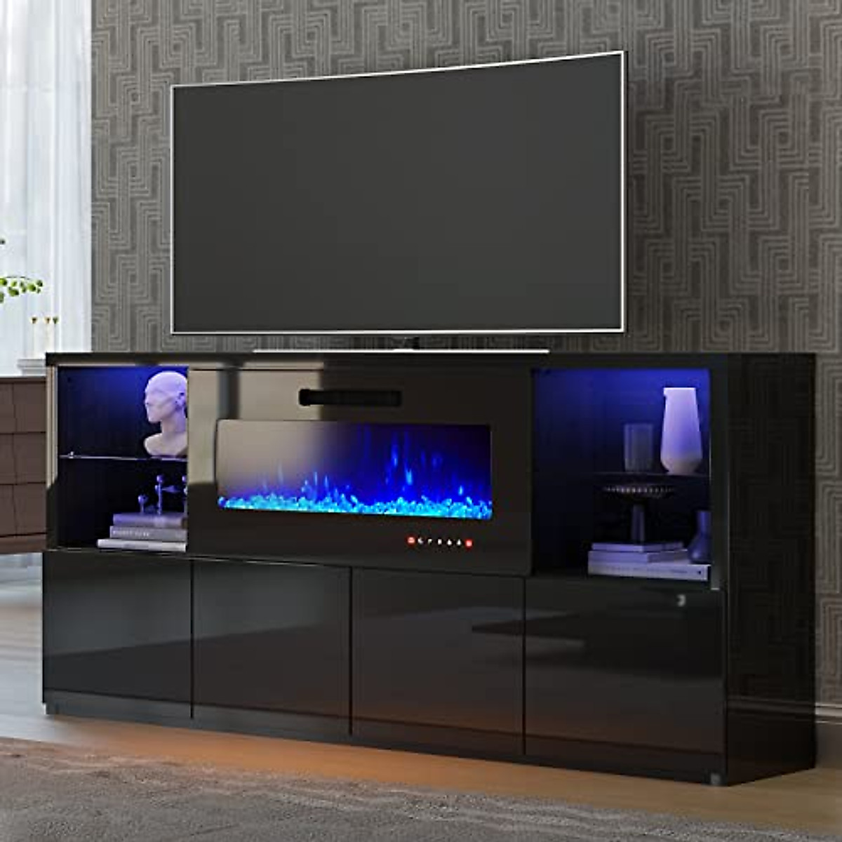 AMERLIFE 68" TV Stand with 40" Electric Fireplace, Modern High Gloss Media Entertainment Center with LED Lights for TVs up to 78", TV Console Cabinet with Glass Shelves Lower Storage, Black