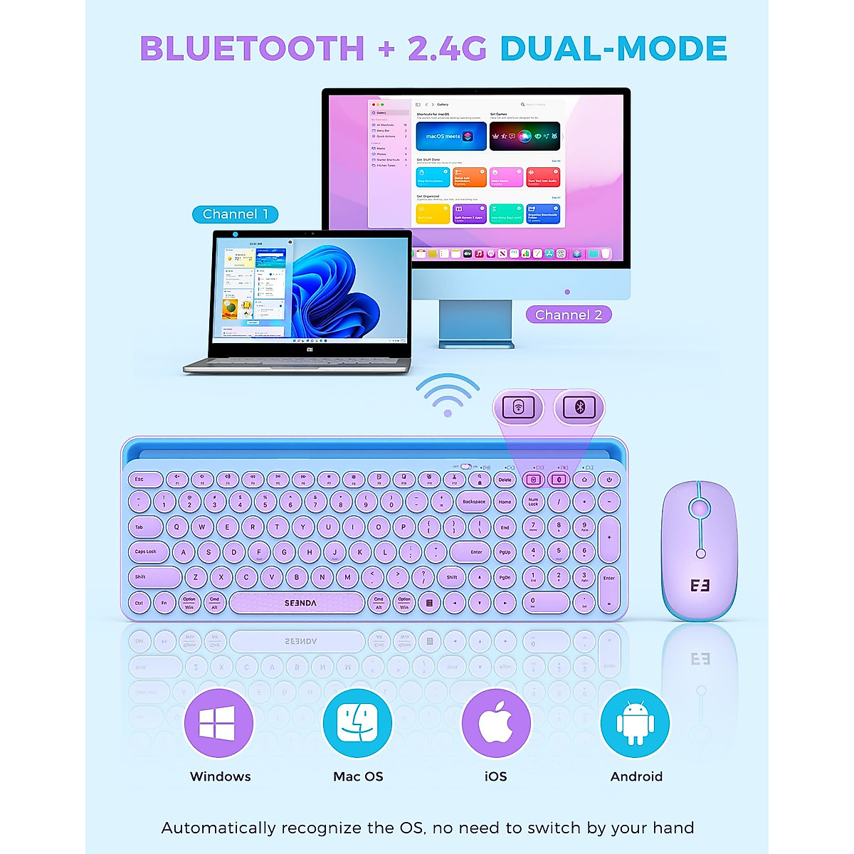 seenda Bluetooth Keyboard and Mouse for iPad, Multi-Device Bluetooth + 2.4G Wireless Keyboard Mouse with Tablet Holder for MacBook/Windows Computer, iOS/Andriod Tablet Phone, Blue & Purple