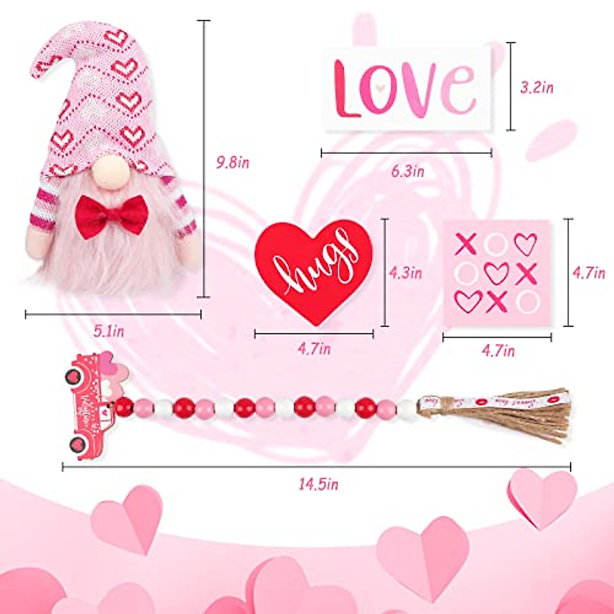 Boribim Valentines Day Decor - Valentines Day Tiered Tray Decor, XO Love Hugs Wooden Signs Cute Gnomes Plush with Bead Garland - Farmhouse Rustic Tiered Tray Items Decorations for Home Room Table