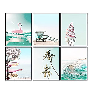 Tropical Summer Wall Art Set - 8x10 Nautical Ocean Poster Prints for Beach House Decor, Home Decoration - Cool Chic Gift - Unframed Nautical Photo Pictures - Flamingo, Palm Tree, Wave, Water