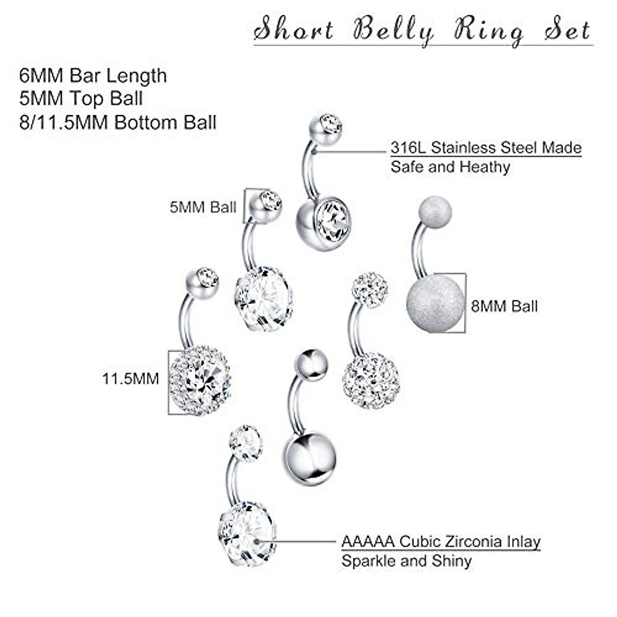 FUNRUN JEWELRY 7PCS 14G 6MM 1/4 Inch 316L Surgical Steel Belly Button Rings Belly Earring CZ Navel Rings Barbell Body Piercing Jewelry (A:Silver tone)