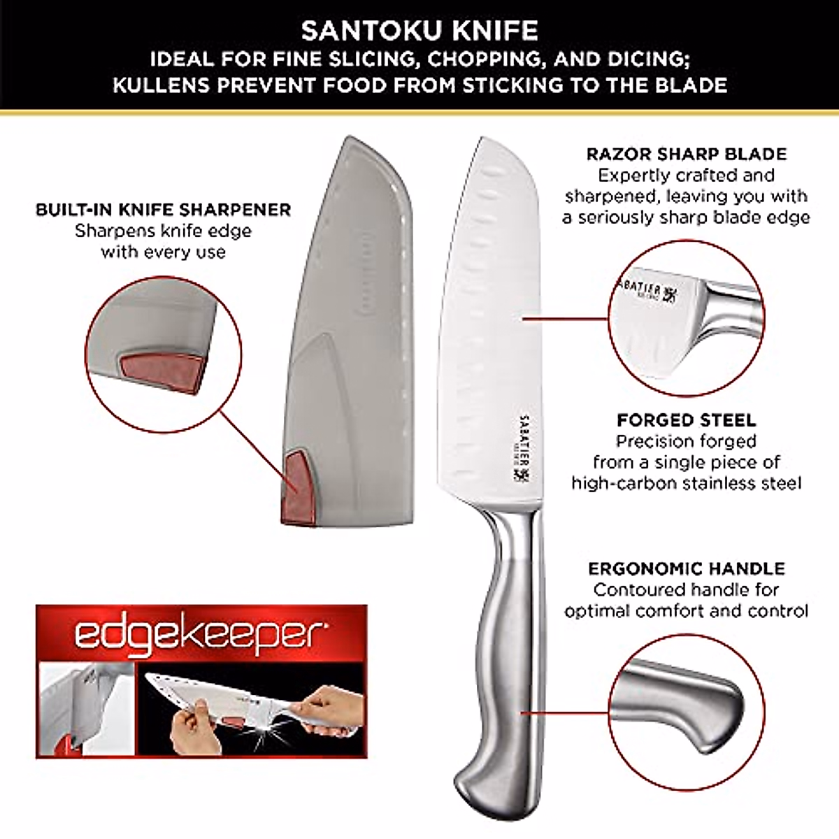 Sabatier Forged Stainless Steel Santoku Knife with Edgekeeper Self-Sharpening Blade Cover, Razor-Sharp Kitchen Knife to Cut Fruit, Vegetables and more, High-Carbon Stainless Steel, 5-Inch