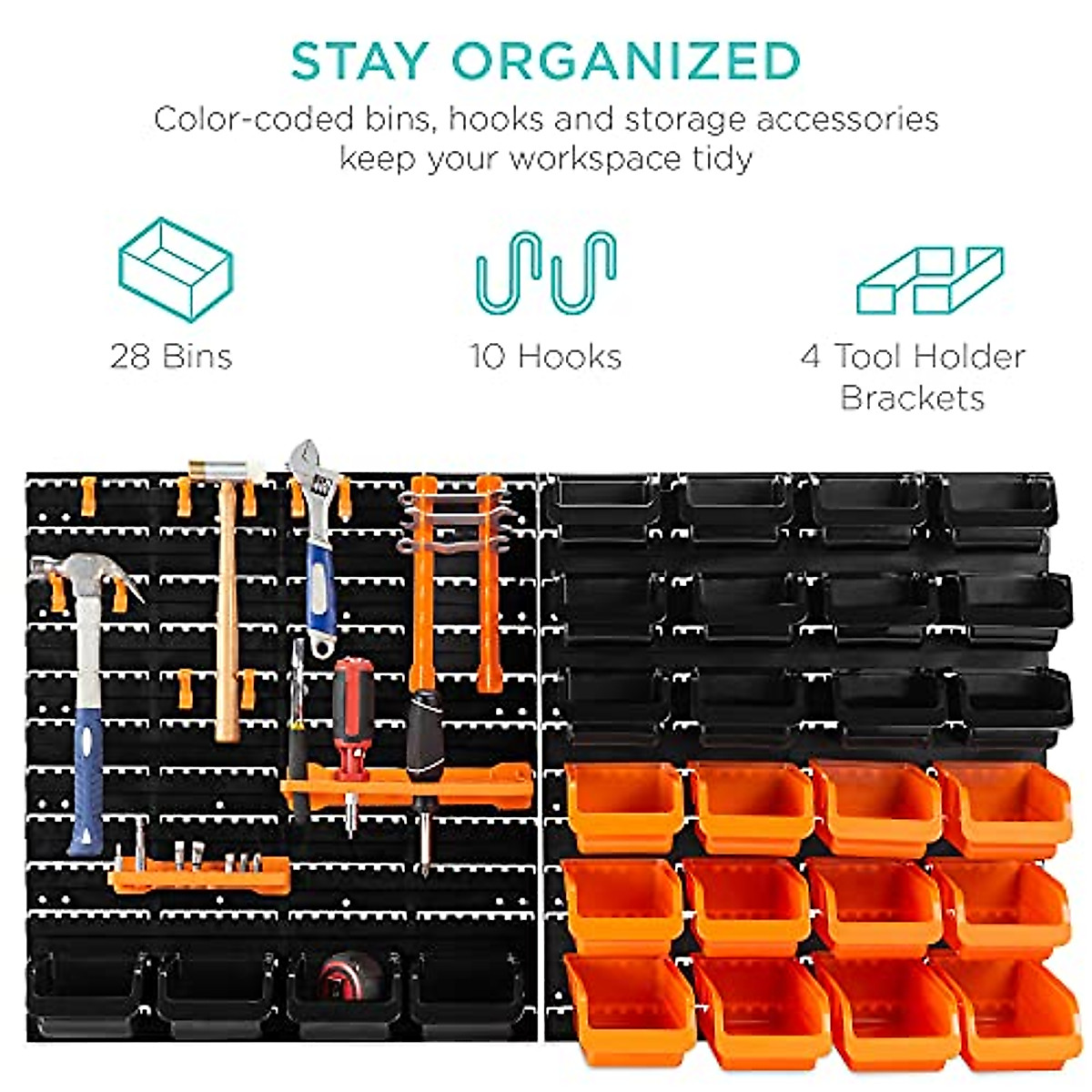 Best Choice Products 38x21.25in 44-Piece Wall Mounted Peg Board, Garage Storage Rack, Tool Organizer w/ 28 Storage Bins, 14 Accessories, 110lb Capacity