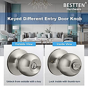 BESTTEN [2 Pack] Entry Door Knob with Lock, Keyed Different Door Lock for Exterior Door and Front Door, Standard Ball, Satin Nickel, Adjustable Latch