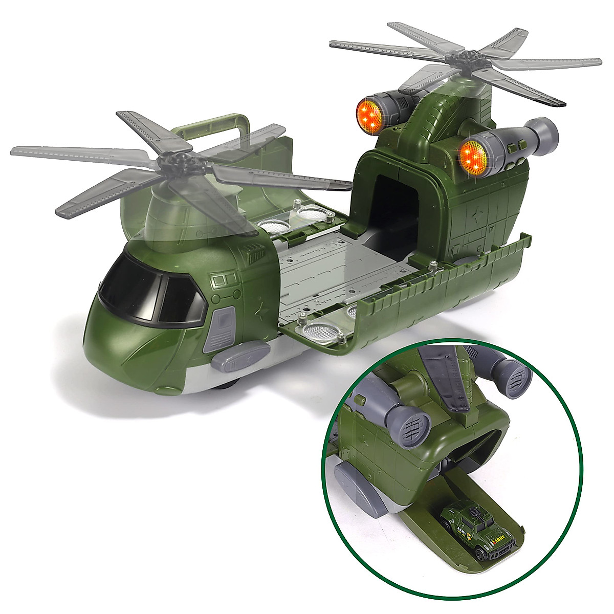 JOYIN Military Transport Cargo Airplane Car Toy Play Set Including Friction Powered Helicopter with Light, 6 Die-Cast Military Cars & 12 Army Men Figures for Over 3 Years Old Boys and Girls