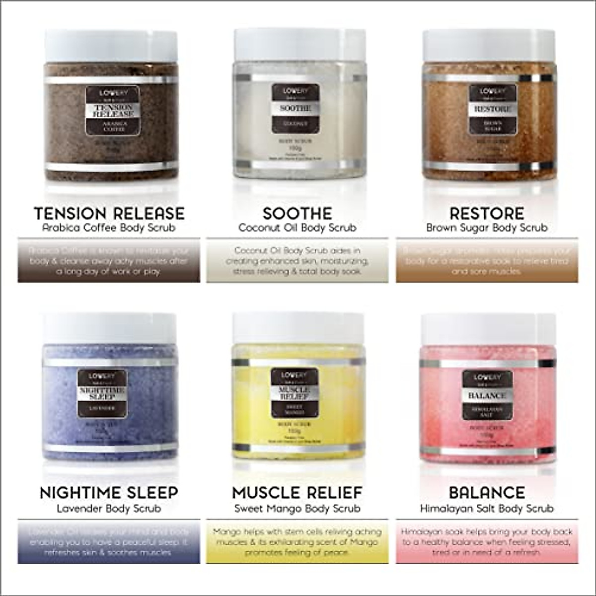 Body Scrub, Gifts for Women & Men, 6pc Exfoliating Body, Face, Hand, Foot Scrub, Himalayan Salt, Brown Sugar, Coconut, Arabica Coffee, Acne, Stretch Marks & Cellulite Remover, Essential Oils